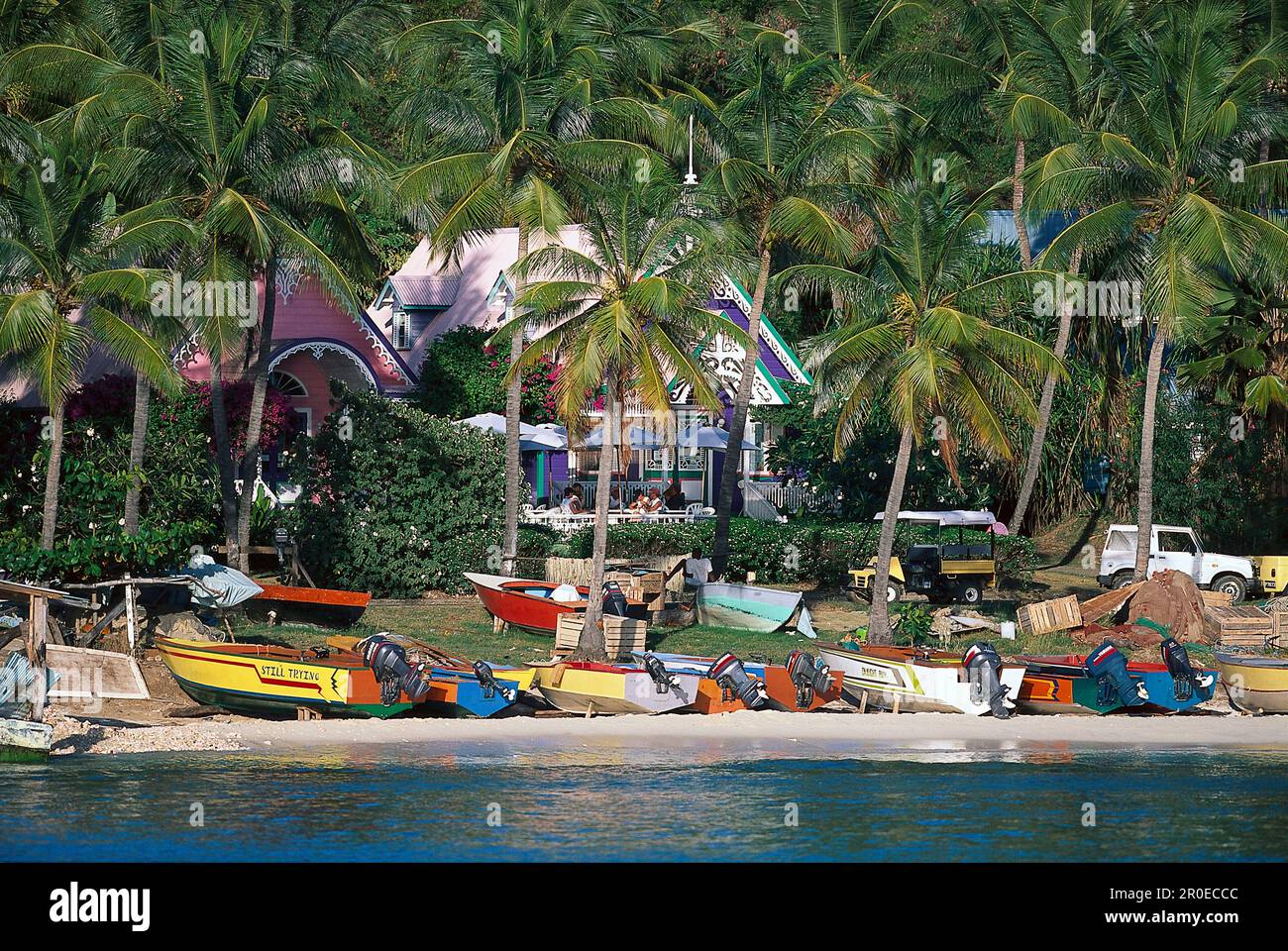 Fishing boats on the beach beneath palm trees, Britania Bay, Mustique ...