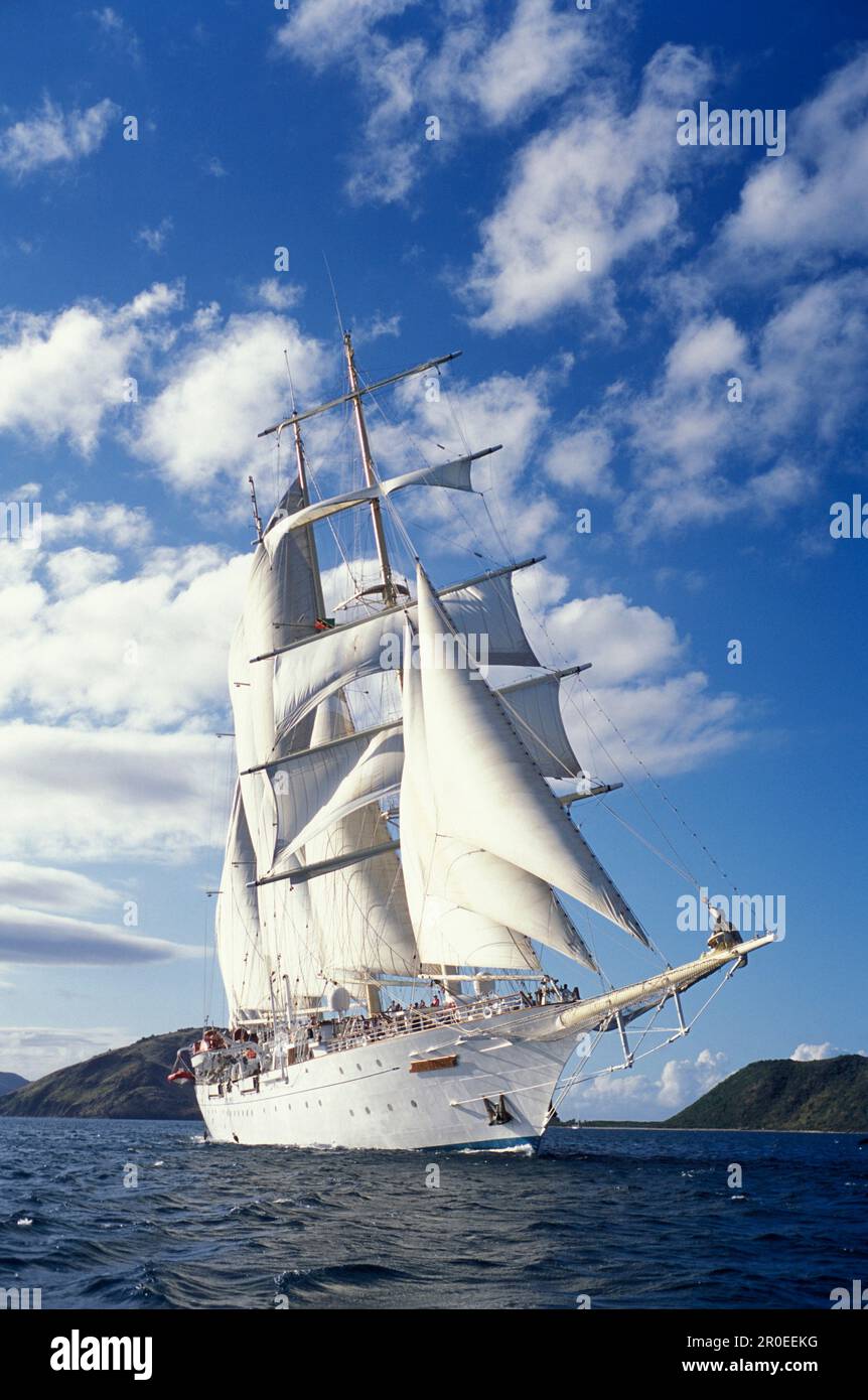 Star Clipper sailing boat sailing past St. Kitts, Caribbean Stock Photo ...