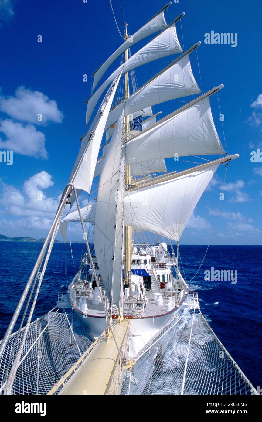 View from Bowsprit, Royal Clipper Sailing ship, Caribbean Stock Photo ...