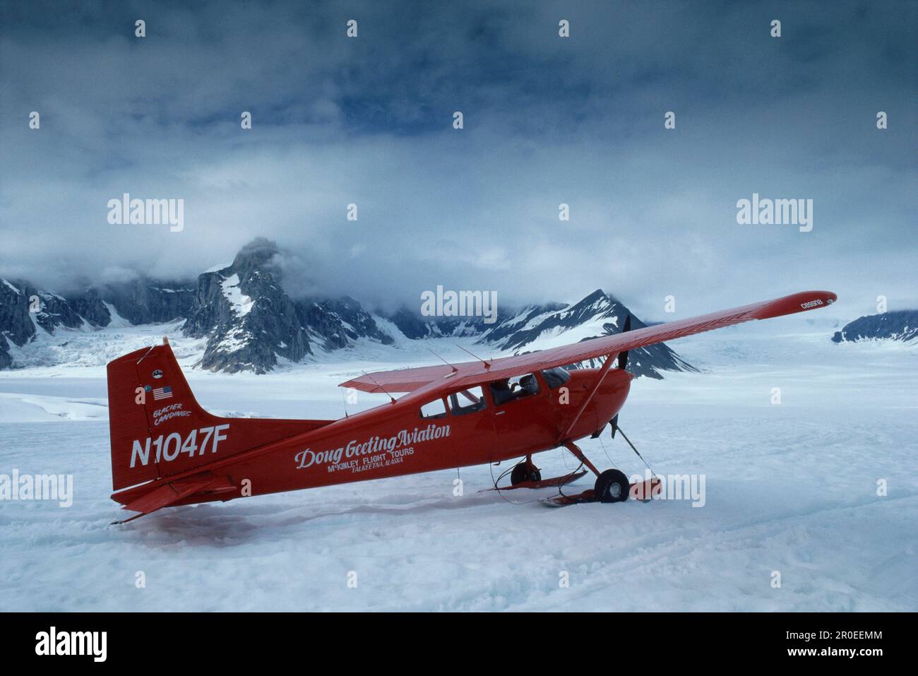 Cessna plane landing near the Ruth Glacier, Alaska Range, Alaska, USA ...