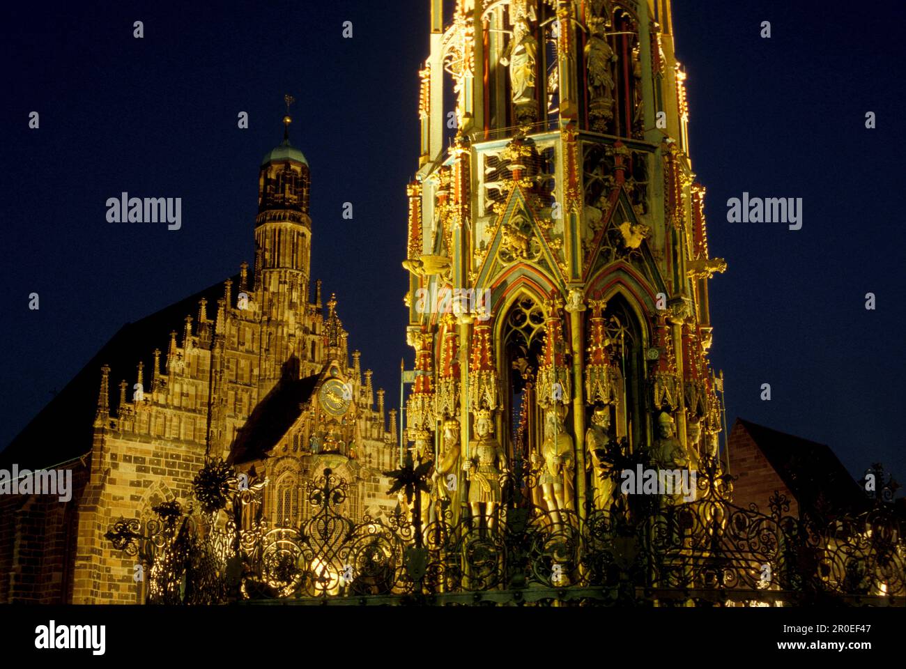 View of the fountain, Schoener Brunnen, and Cathedral of Our Lady ...