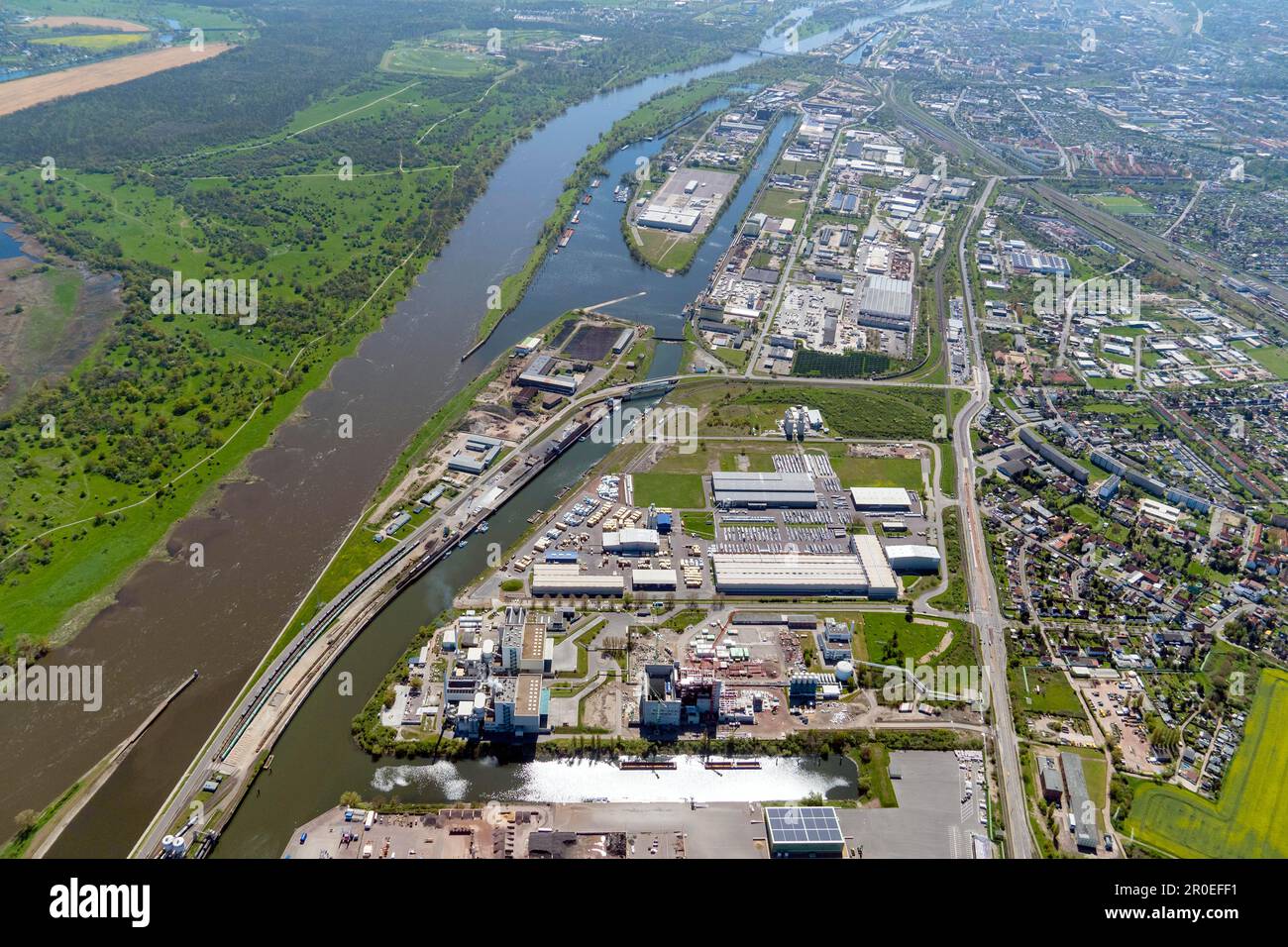 Aerial view, Magdeburg, port, trade, industry, Elbe, canal, inland ...