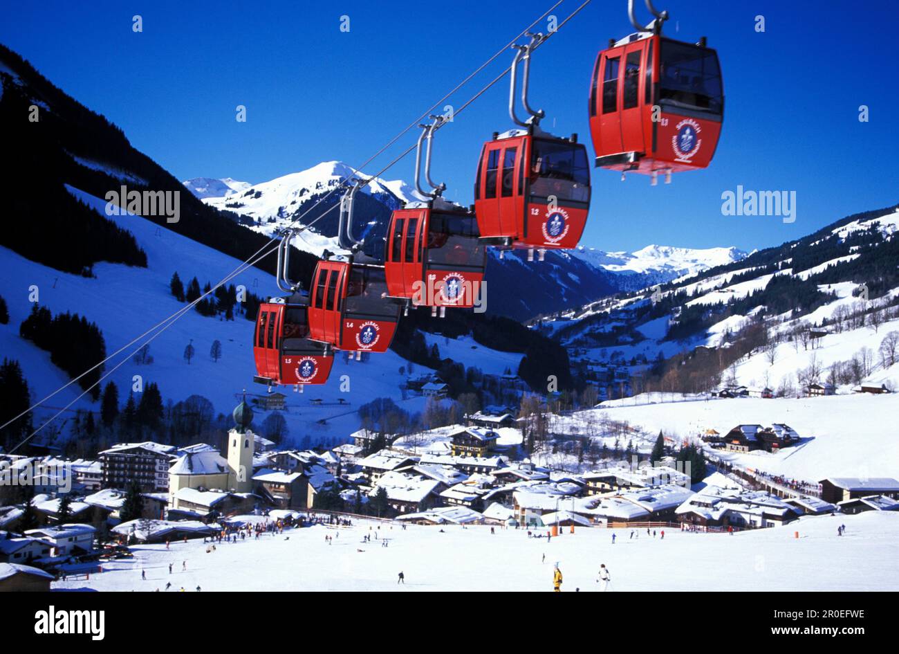 Cable car in front of snowy landscape, Kohlmaisbahn, Saalbach ...