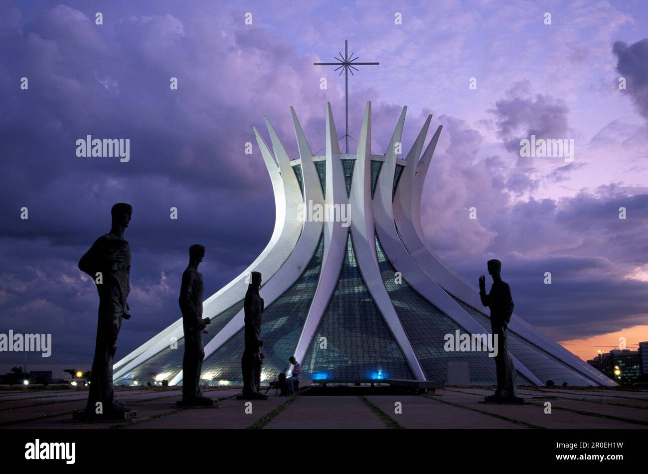 Statues in front of Metropolitana Cathedral in the evening, Brasilia ...