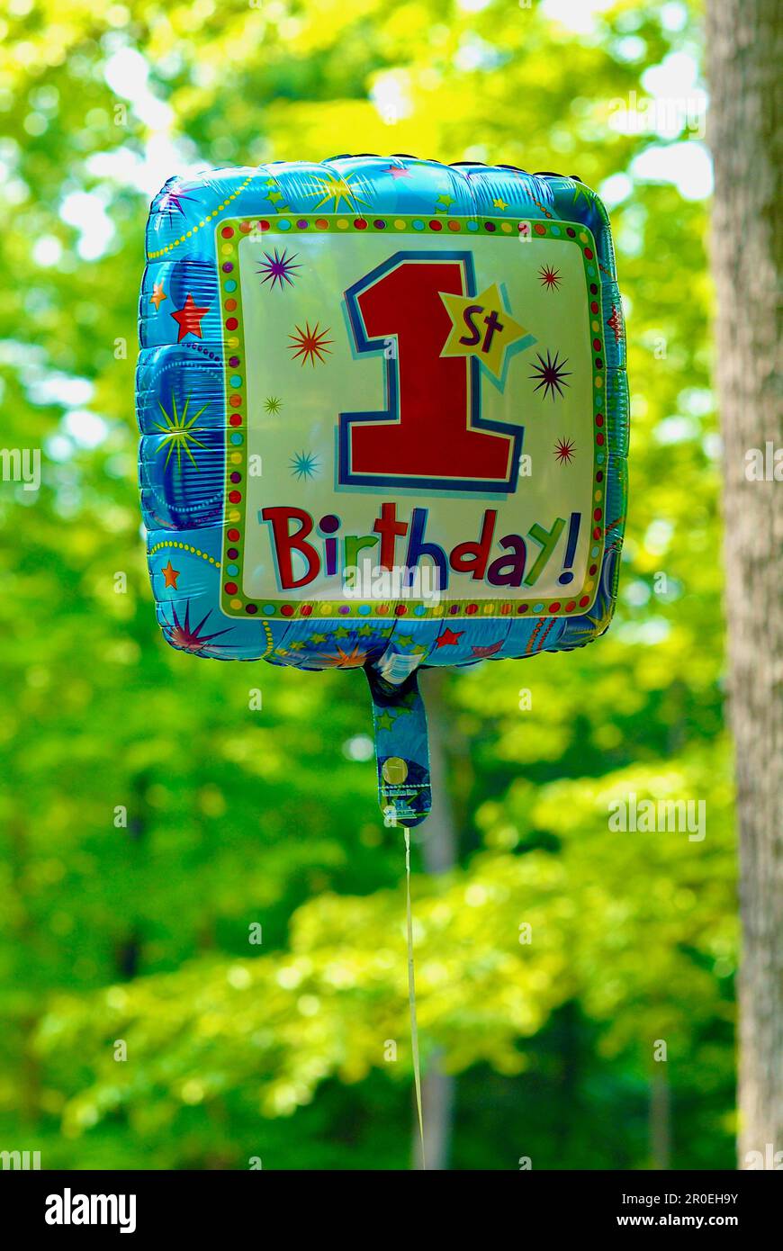 A single "1st Birthday!" mylar balloon filled with helium floats above ...