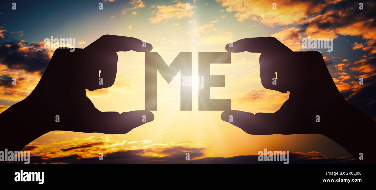 Me - human hands holding black silhouette word Stock Photo - Alamy