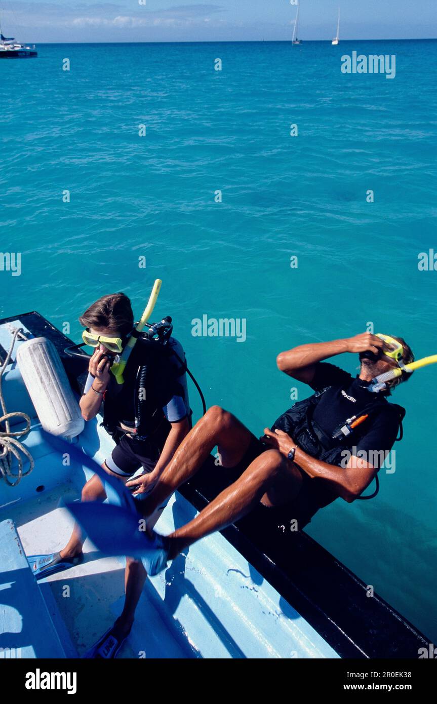 Diver jumping into water, Tobago Caribbean Stock Photo - Alamy