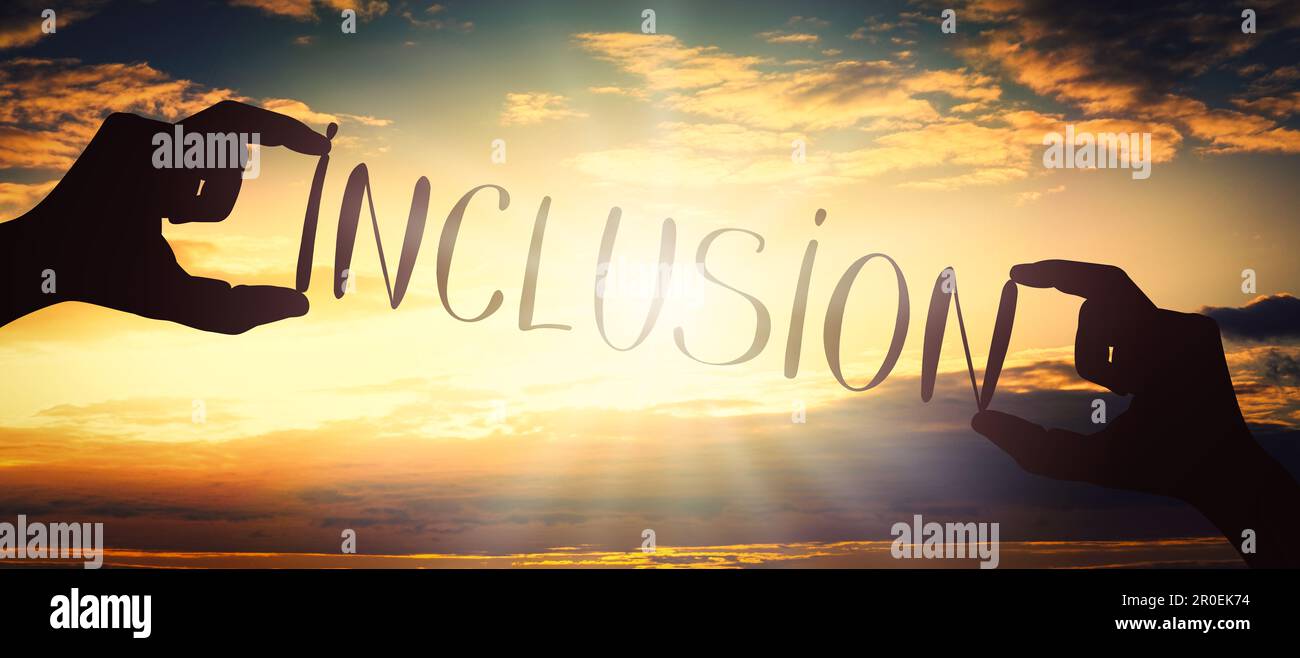 Inclusion - human hands holding black silhouette word Stock Photo - Alamy