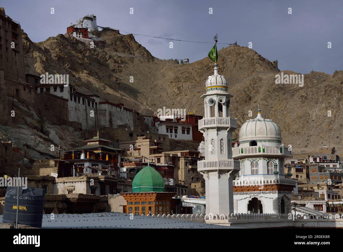 Mosque with Tsemo Gompa in the background, Leh, Ladakh, Jammu and ...