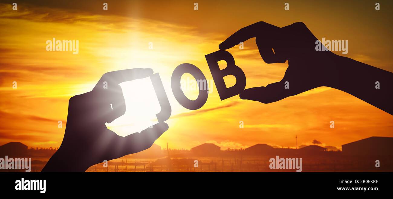 Job - human hands holding black silhouette word Stock Photo - Alamy