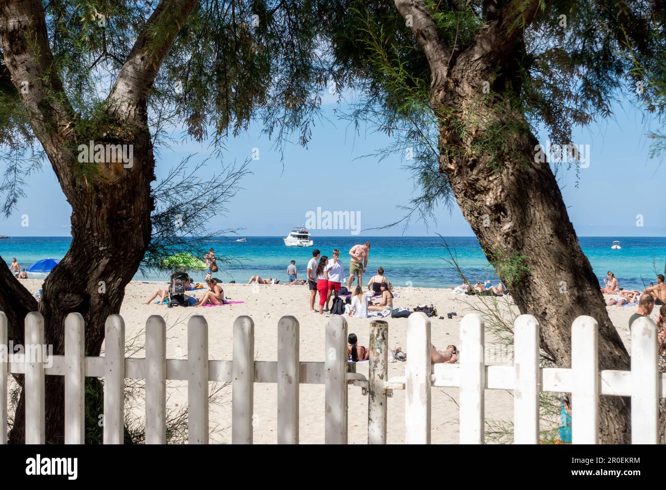 Mondello bay and sand beach with tourists in the summer sun and ...