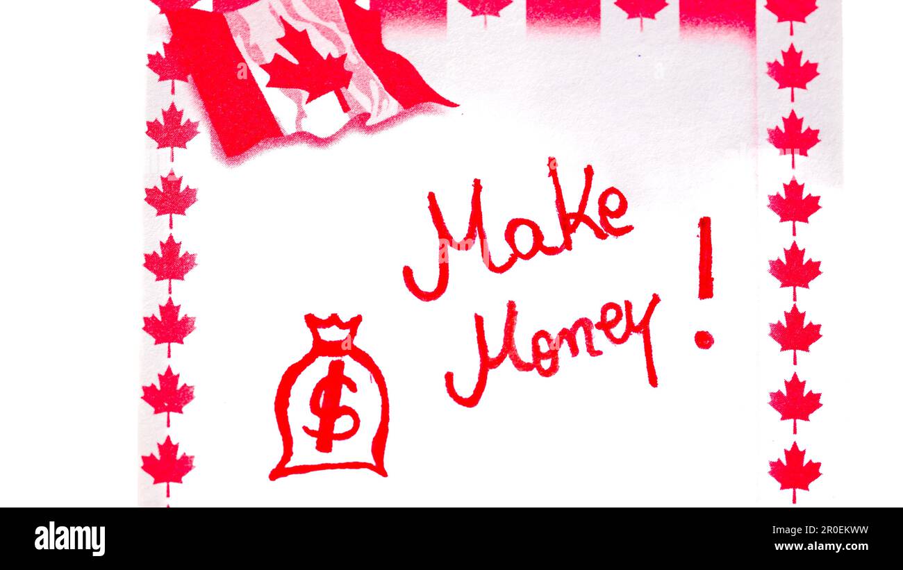 Make money handwriting on paper with Canada flag. Writing text on memo ...