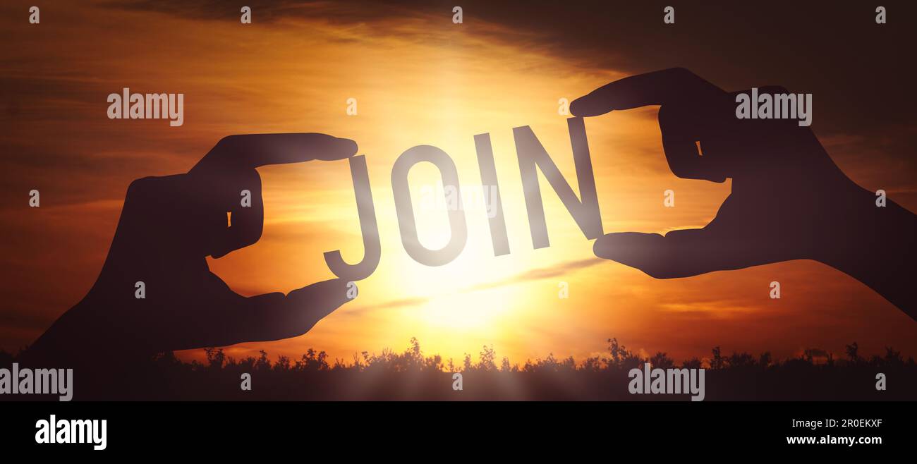 Join - human hands holding black silhouette word Stock Photo - Alamy