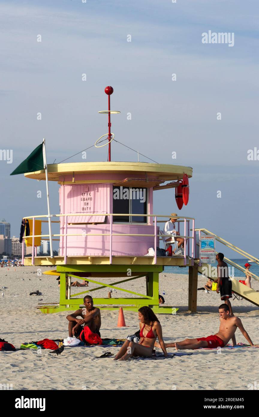 Lifeguard tower and people on the beach, South Beach, Miami, Florida ...