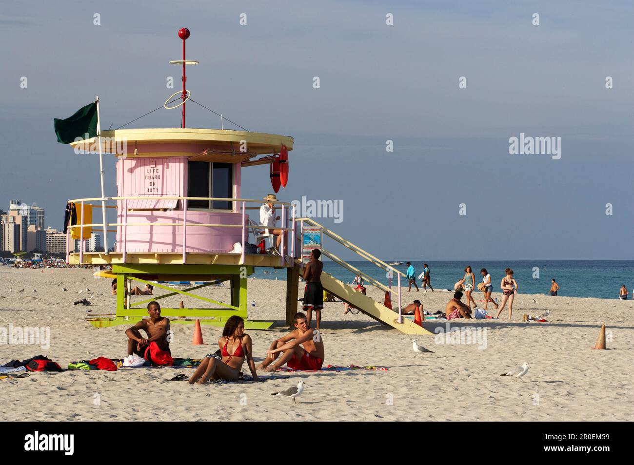 Lifeguard tower and people on the beach, South Beach, Miami, Florida ...