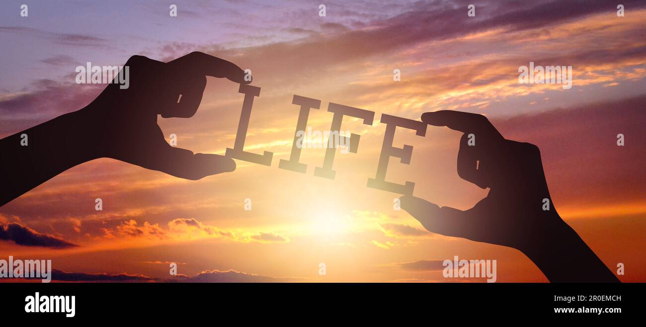 Life - human hands holding black silhouette word Stock Photo - Alamy