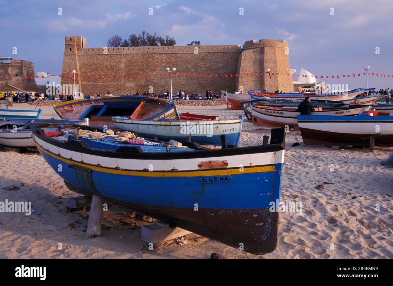 Boats on the beach, Kasbah Citadel, Cap Bon peninsula, Hammamet ...