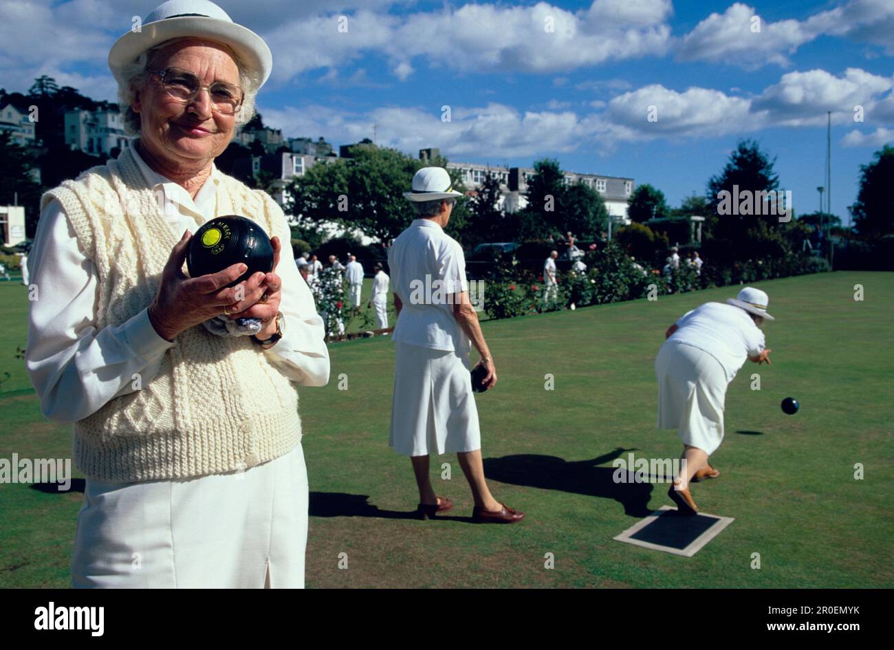 Old women bowling, Bowling Club, Torquay, Devon, England, Great Britain ...