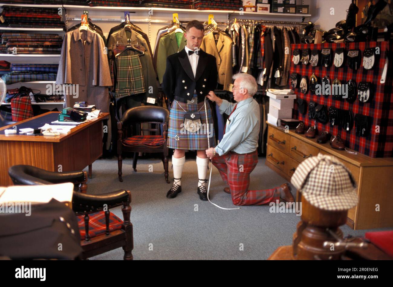 Kiltmaker Ian Chisholm taking measurements, Inverness, Scotland, Great ...