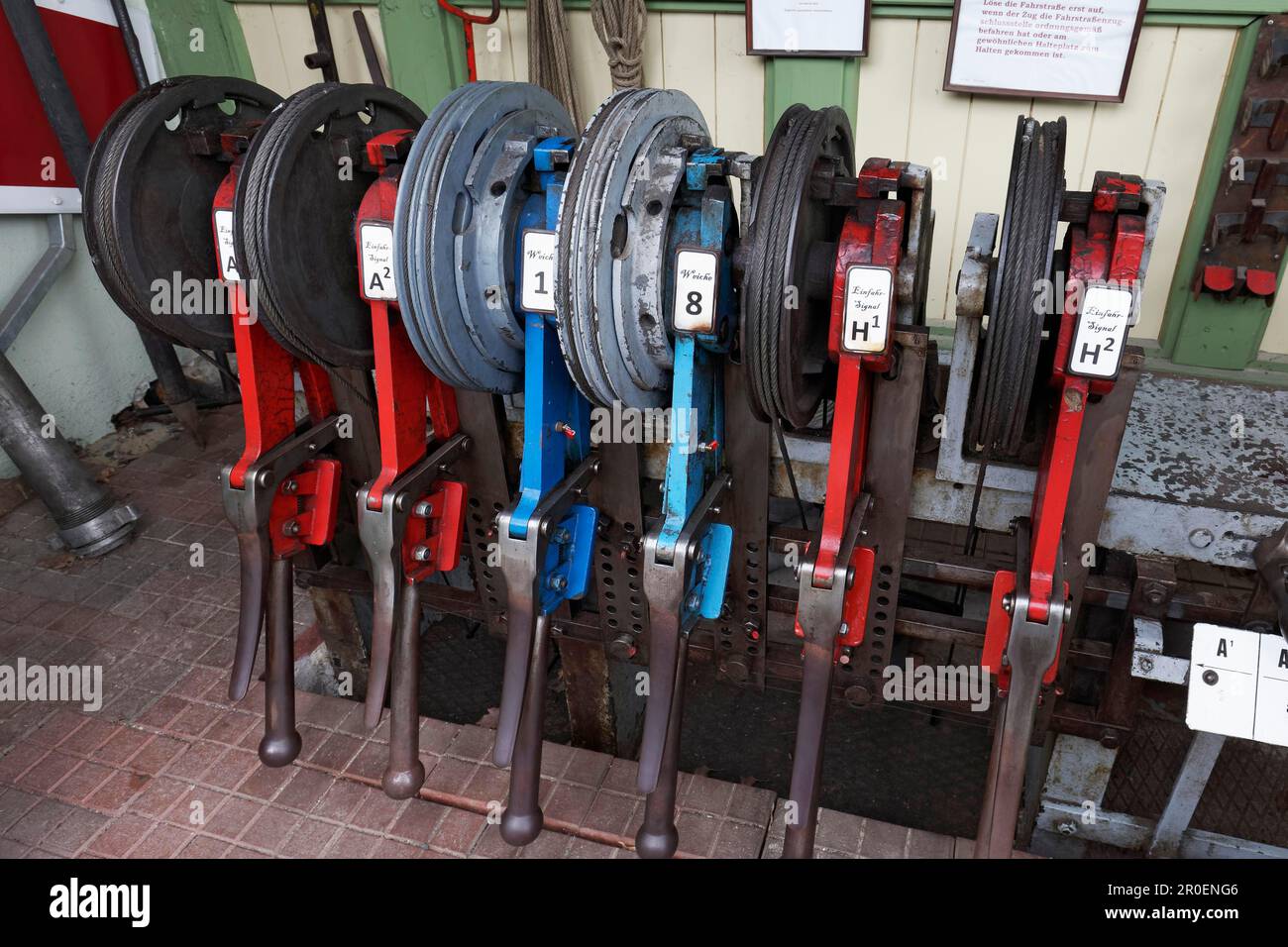 Mechanical signal box of the Loessnitzgrundbahn, lever with cable pull ...