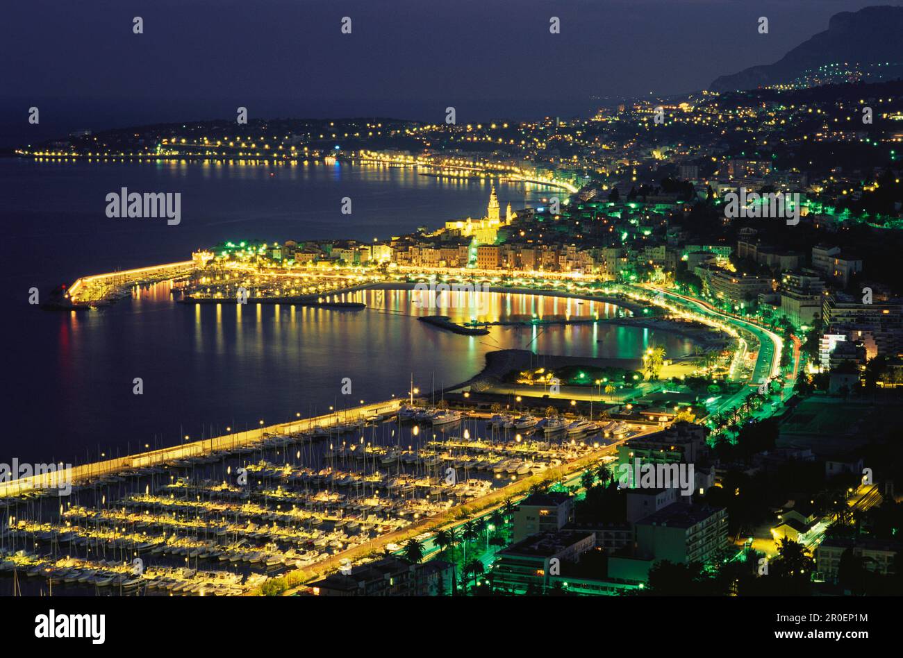 Illuminated seaport at night, Menton, Cap Martin, Cote d´Azur, Alpes ...