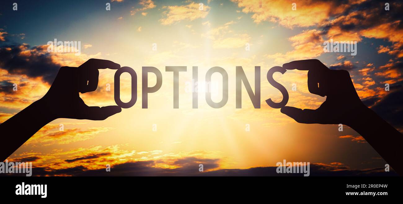 Options - human hands holding black silhouette word Stock Photo - Alamy