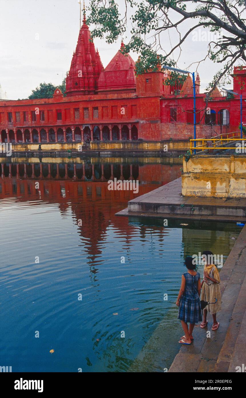 People and water basin in front of Durga temple, Varanasi, Benares ...