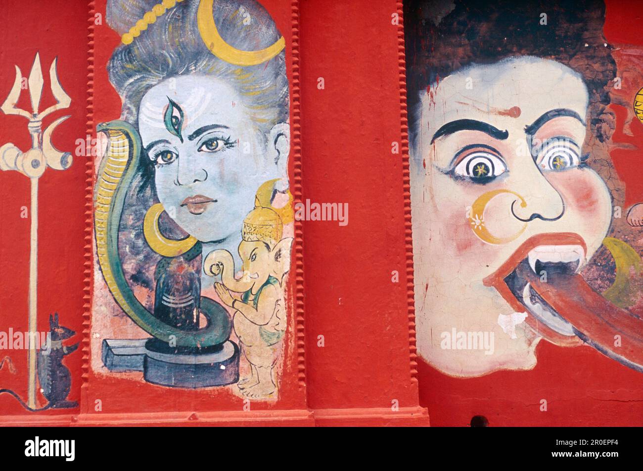 Wall painting at a temple, Raja-Bazar-Road, Varanasi, Benares, Uttar ...