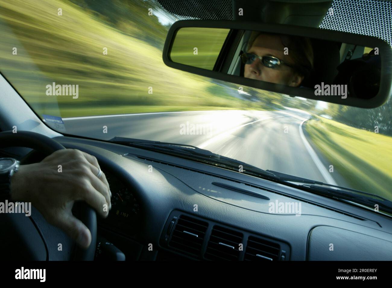 Alpine road taken through the front windscreen, Transportation, Bavaria ...