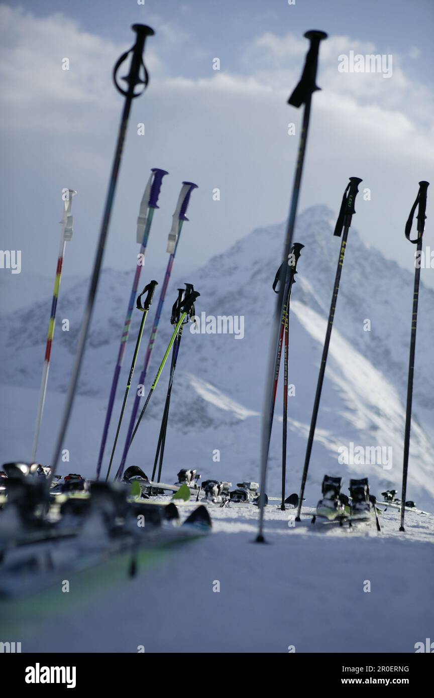 Skis and sticks in front of ski hut, Kuehtai, Tyrol, Austria Stock ...