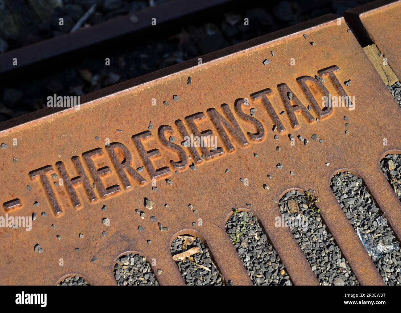 Theresienstadt, iron plate, lettering, memorial track 17, remembrance ...