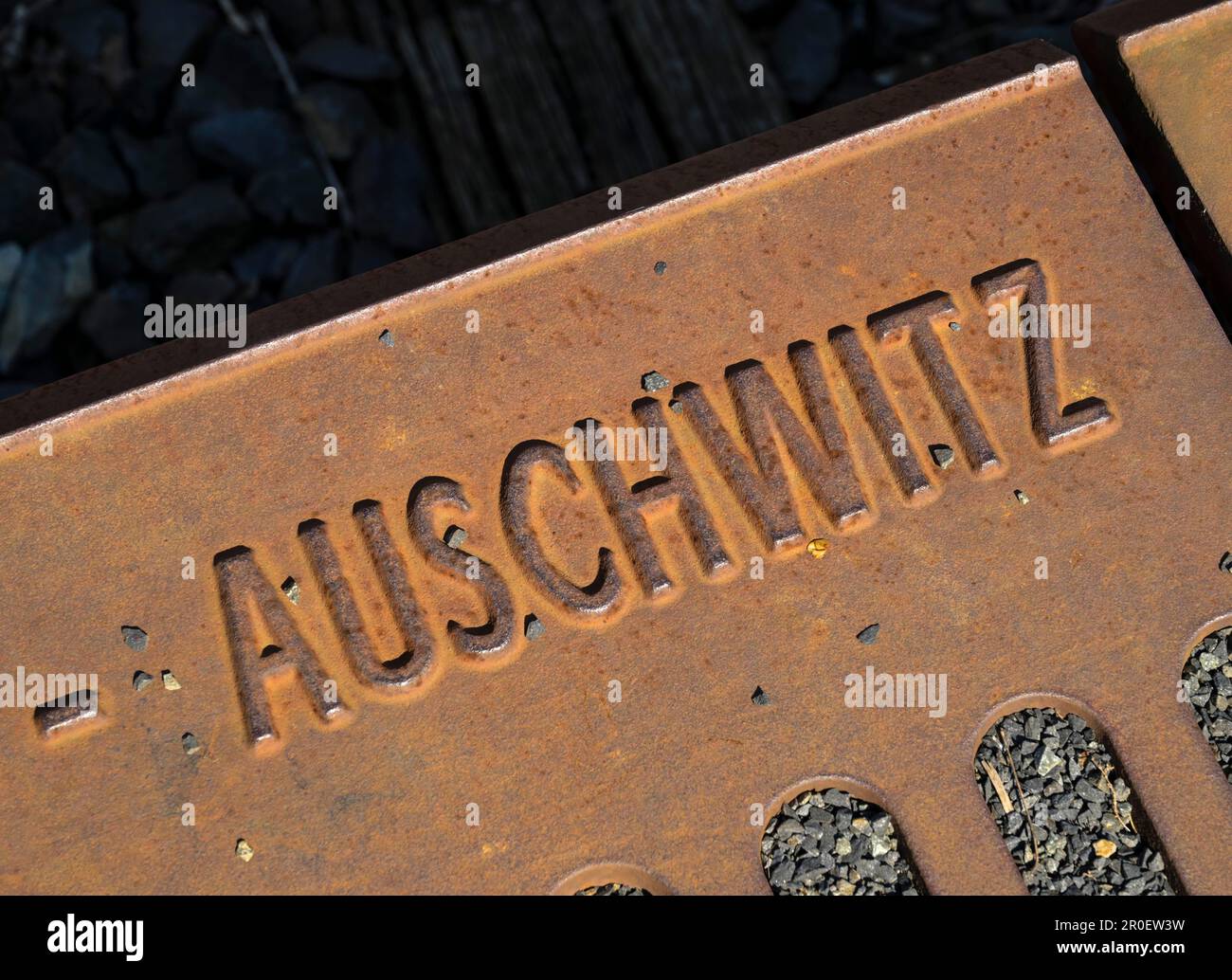 Auschwitz, iron plate, lettering, memorial track 17, remembrance of the ...