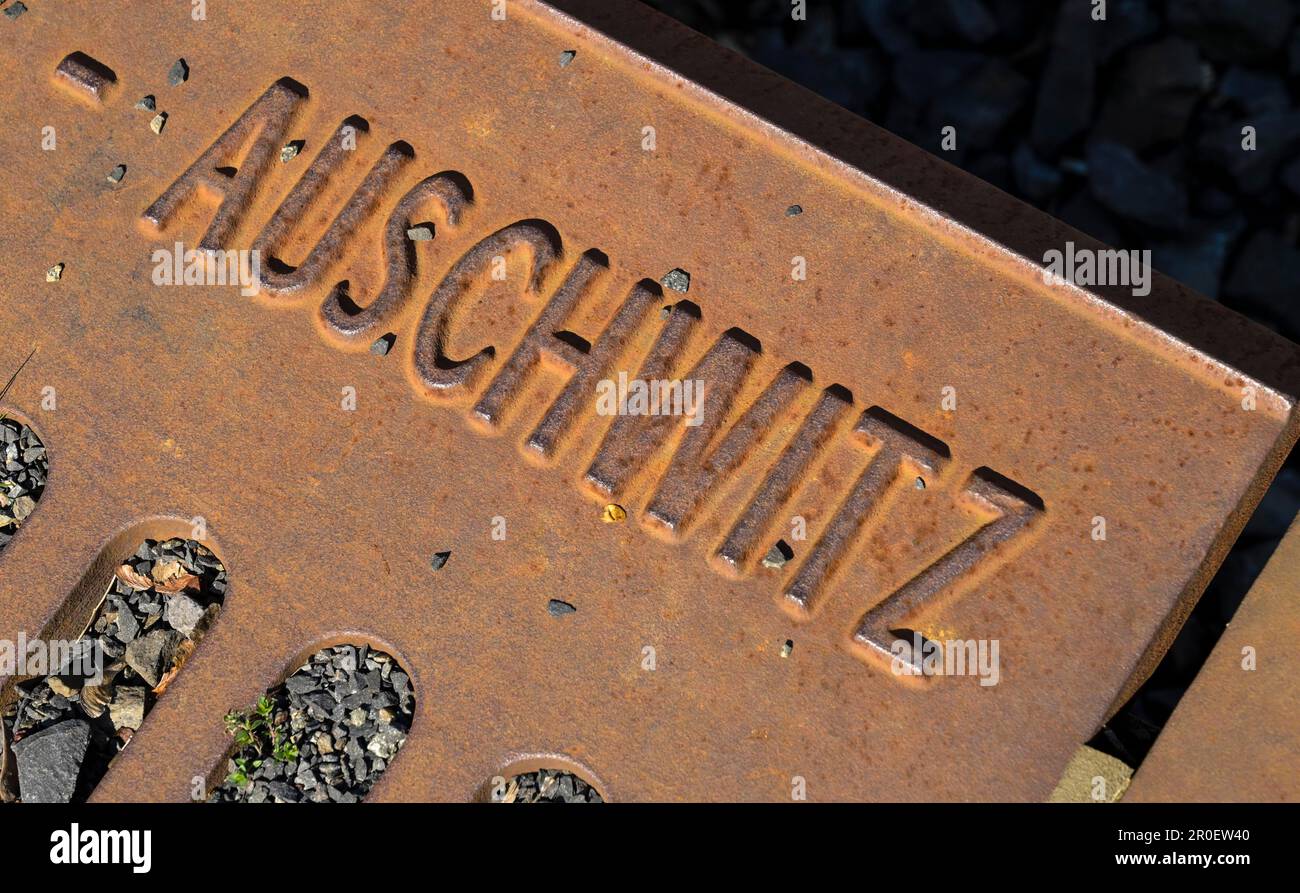 Auschwitz, iron plate, lettering, memorial track 17, remembrance of the ...
