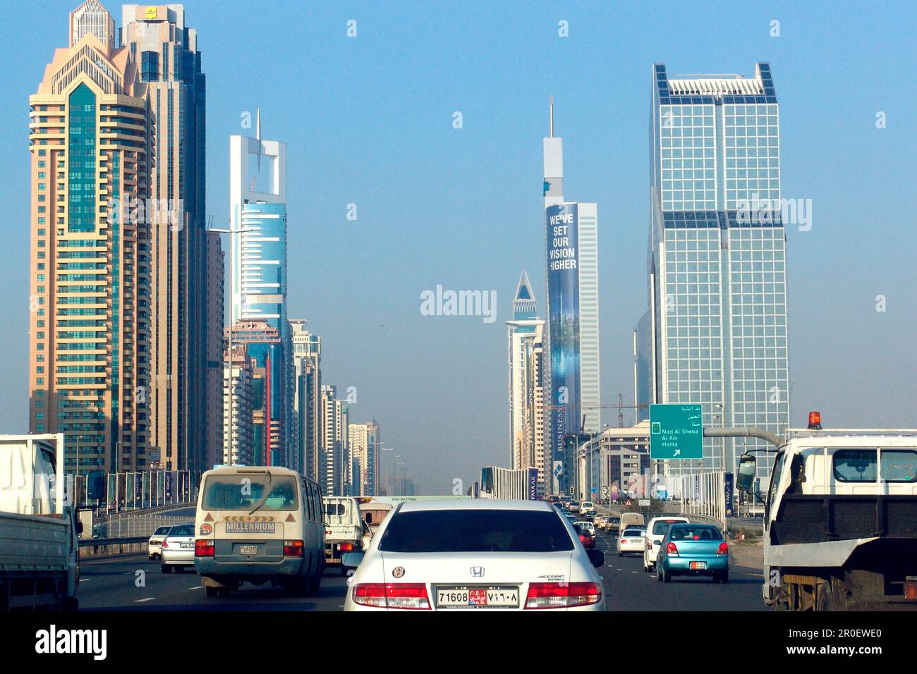 Cars on a highway and high rise buildings, Sheik Zayed Road, Dubai, UAE ...