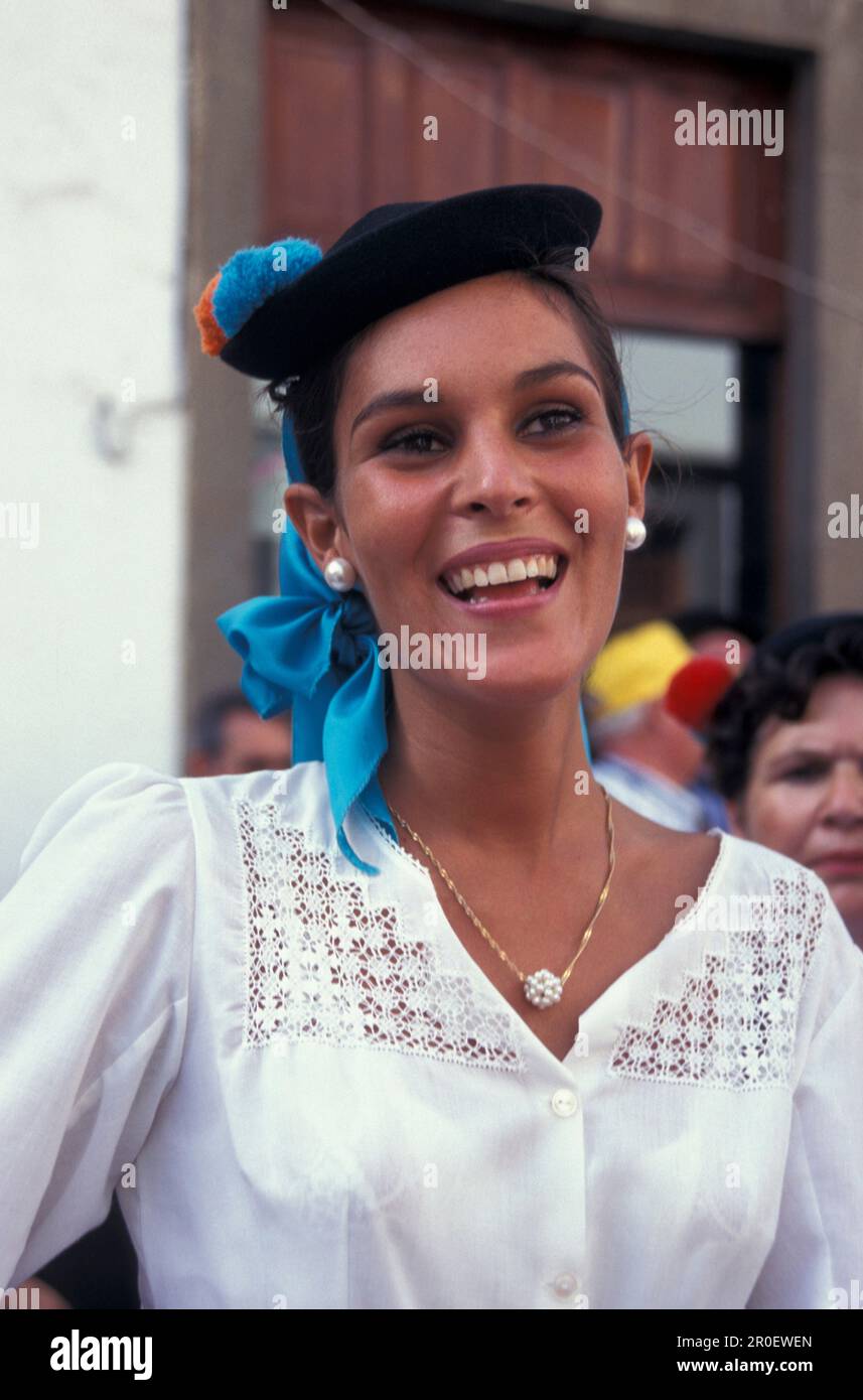 Young woman at pilgrimage to Maria Virgen del Pino, Teror, Gran Canaria ...