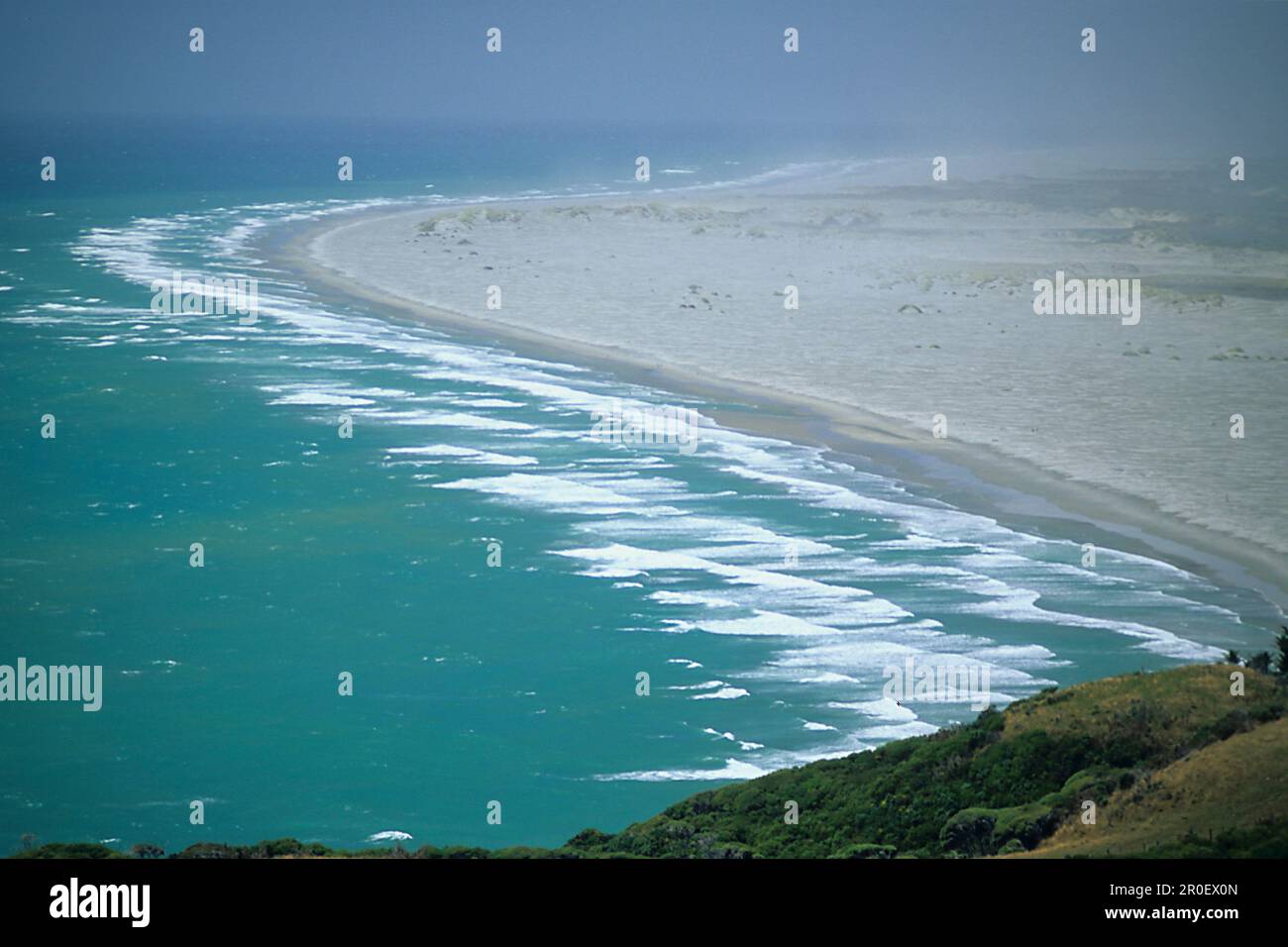 Farewell Spit, view of tongue of land in the Tasman Sea, New Zealand ...