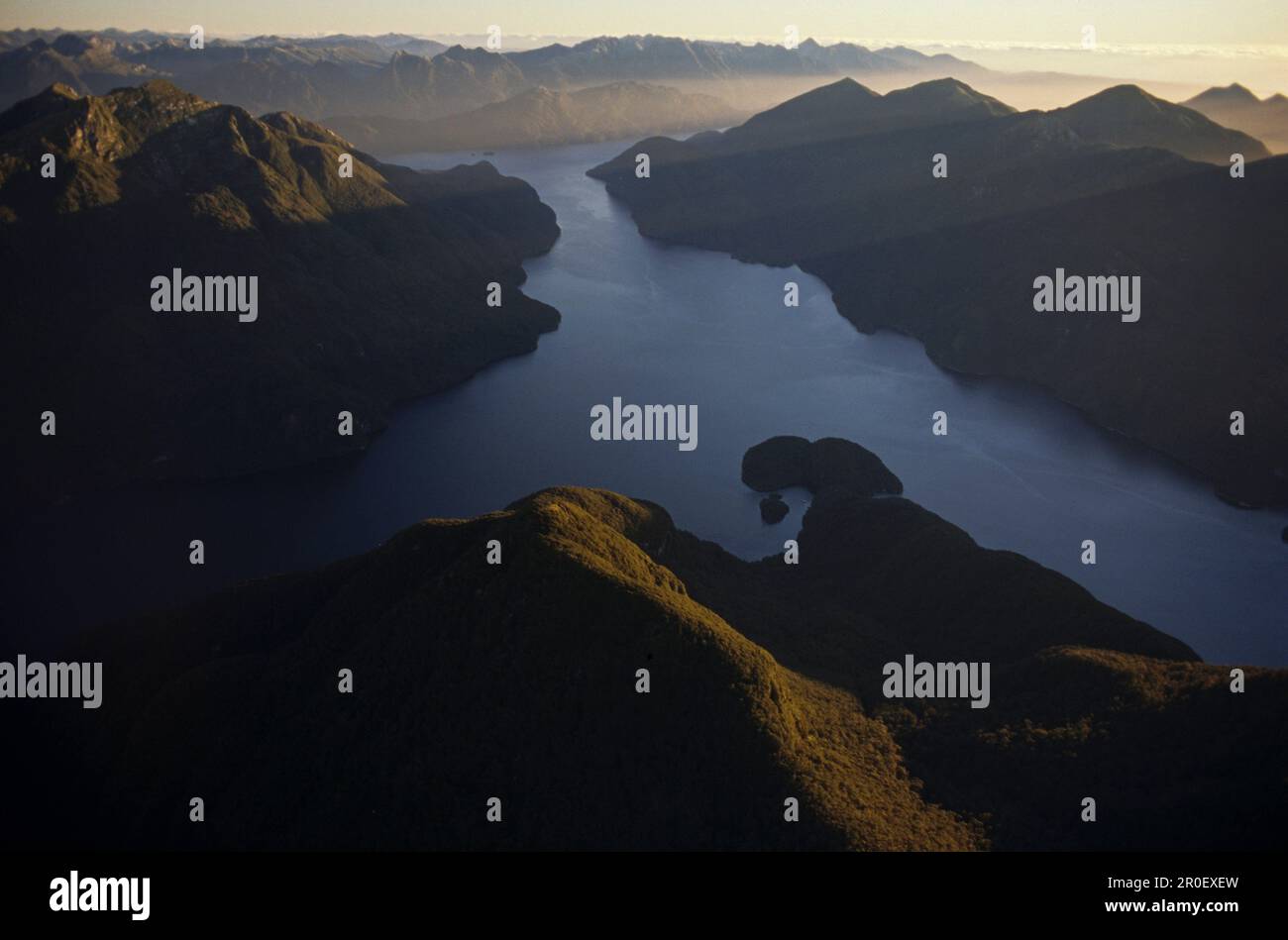Aerial view of Breaksea Sound fiord, Fiordland National Park, West ...