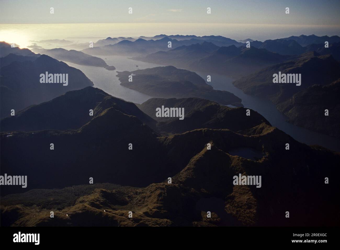 Aerial view of Dusky Sound fiord, Fiordland National Park, West Coast ...