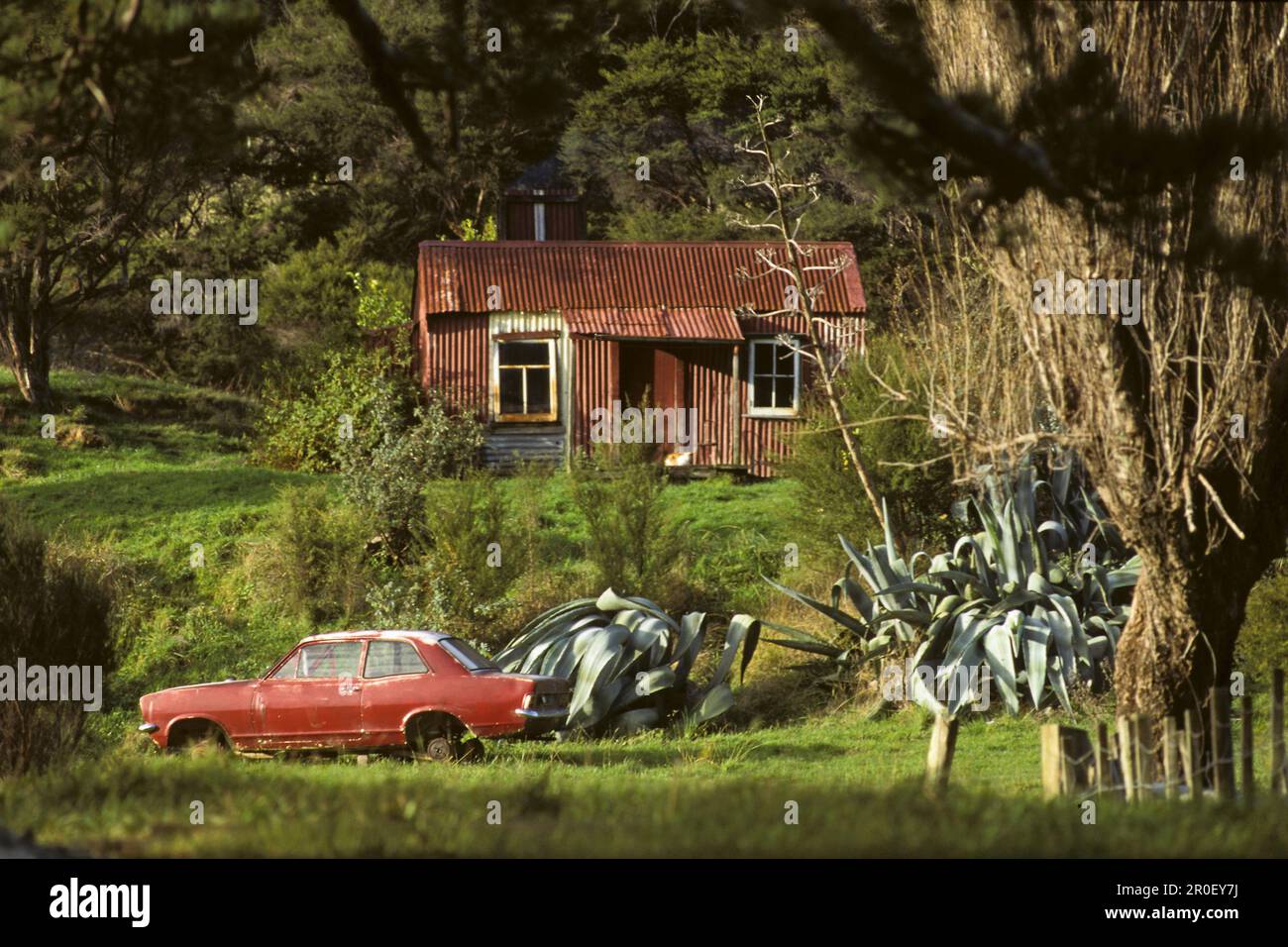 Typical holiday weekend shack in the country, East Cape, North Island ...