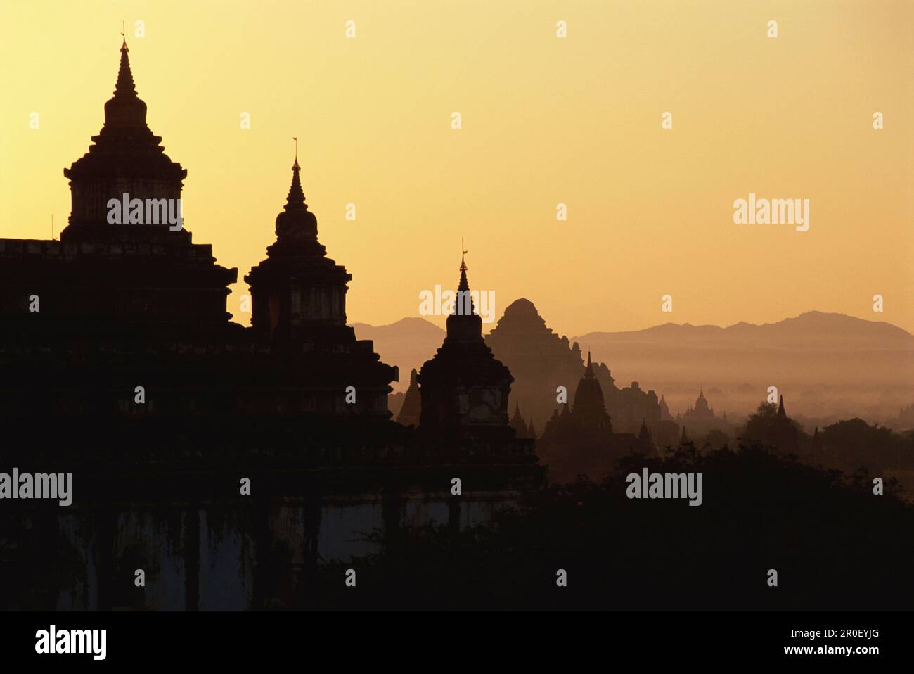 Pagoda and lowlands of Pagan at sunrise, Bagan, Myanmar, Asia Stock ...