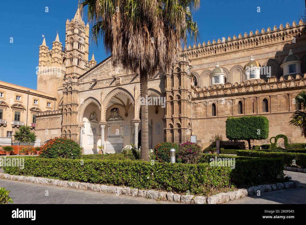 Facade of the famous Cathedral of Palermo, and its gardens, UNESCO ...