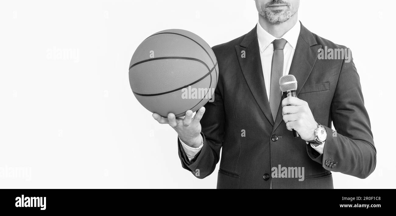 mature man in suit hold basketball ball and mic isolated on white ...
