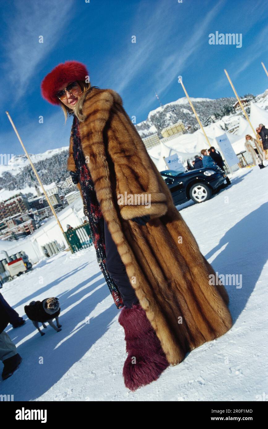 Jet Set, woman wearing a fur coat, St. Moritz, Grisons, Switzerland ...