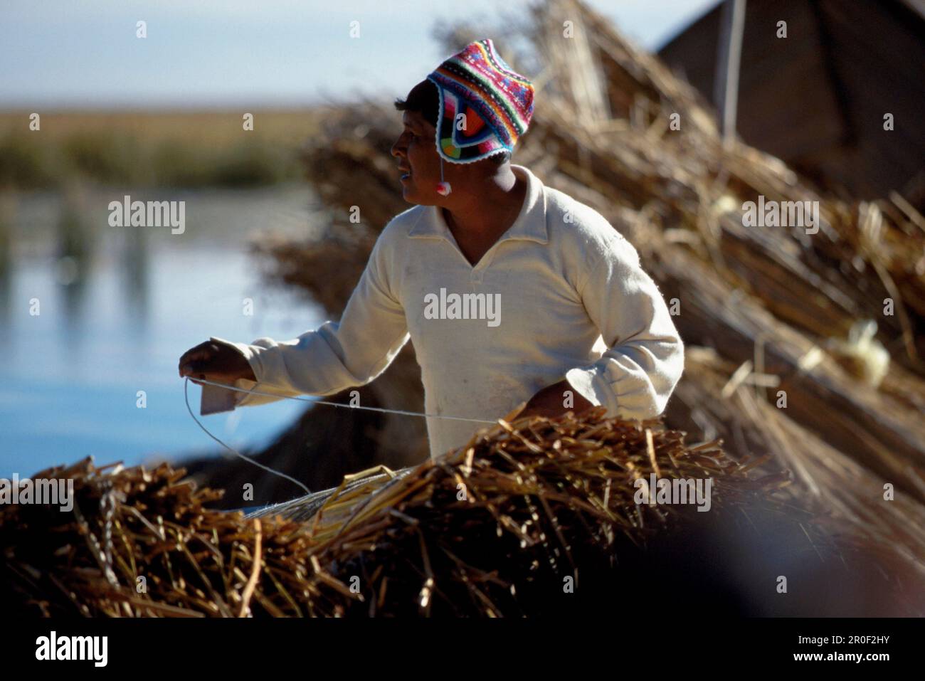 Indian building a boat, Puno, Lake Titicaca, Peru, South America ...