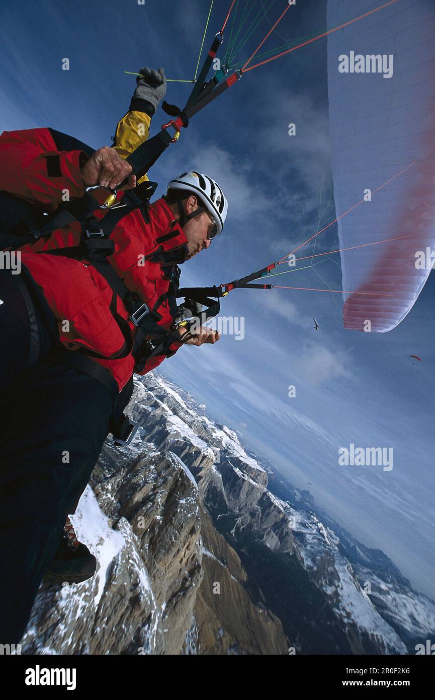 People paragliding, Tandemflight, Sella, Dolomites, South Tyrol, Italy ...