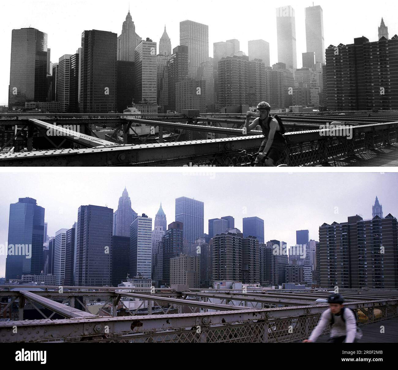 Biker on Brooklyn Bridge, before and after, USA, New York City, before ...