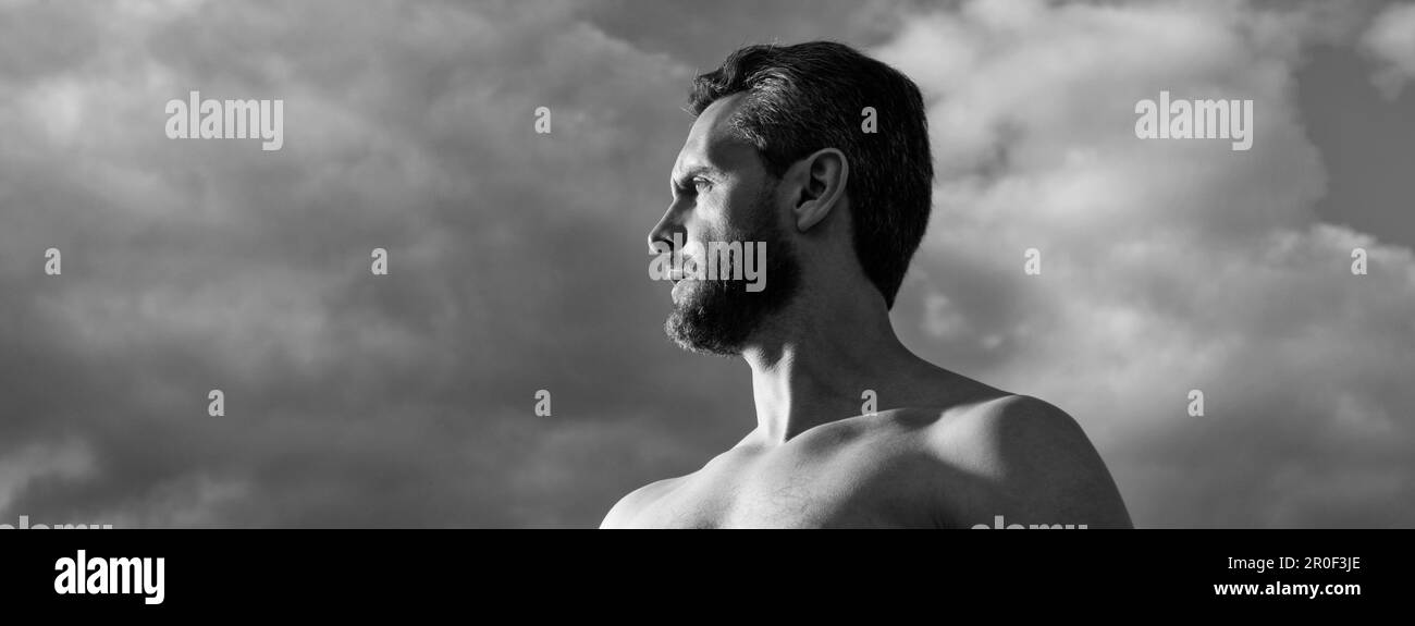 bearded man look far. caucasian man outdoor. man on sky background ...