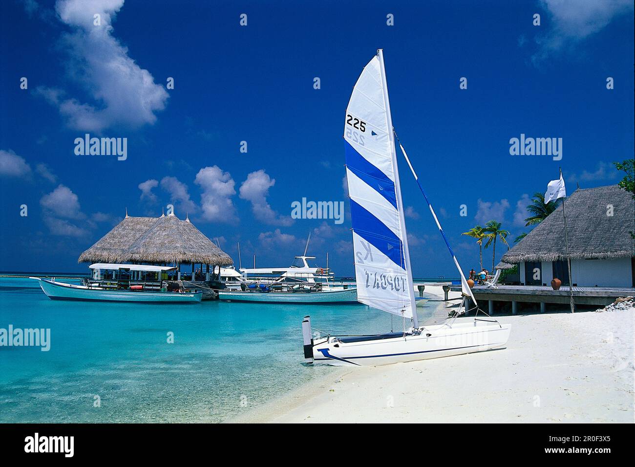 Catamaran on the beach under blue sky, Four Seasons Resort, Kuda Hurra ...