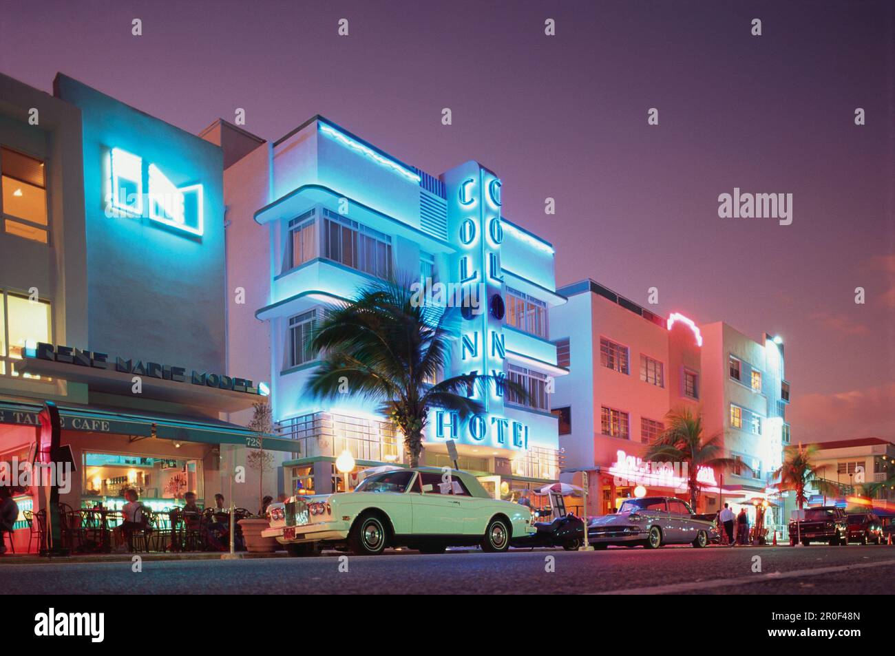 The illuminated Hotel Colony at night, Miami, Florida, USA, America ...