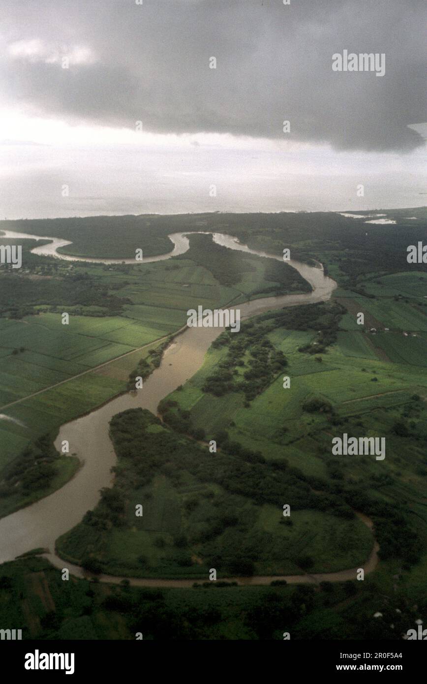 Aerial view of a landscape with river near the coastline, Fiji, South ...